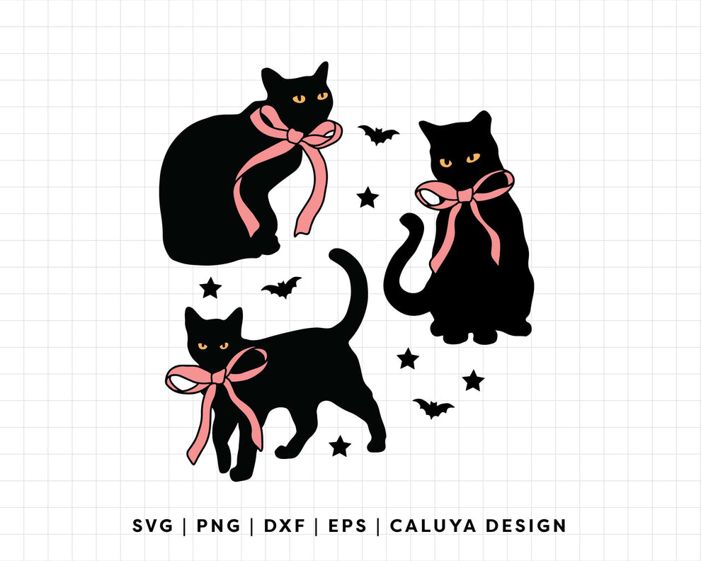 FREE Black Cat with Bow SVG | Coquette Cat Bow SVG – Caluya Design