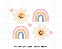 FREE Floral Retro Smiley Face with Rainbow SVG | Groovy SVG – Caluya Design
