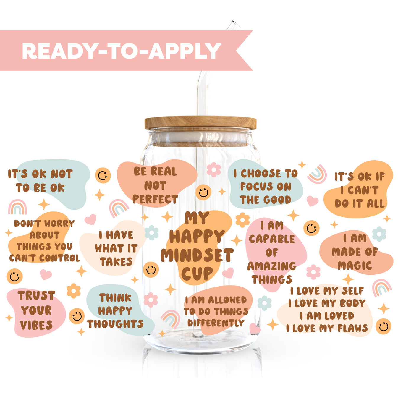 [ Double Sided ] 16oz Cup UV DTF Decal | Happy Mindset Cup – Caluya Design