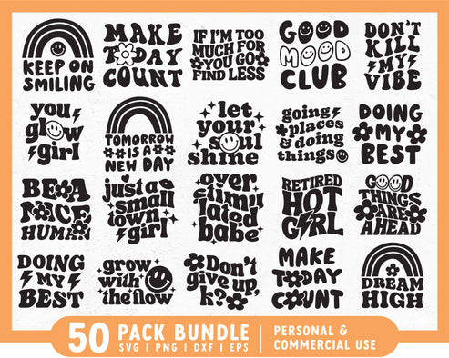 Happy Groovy SVG Bundle B&W Version | 50 Retro & Happy SVG Designs ...