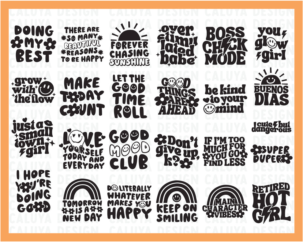 Happy Groovy SVG Bundle B&W Version | 50 Retro & Happy SVG Designs ...